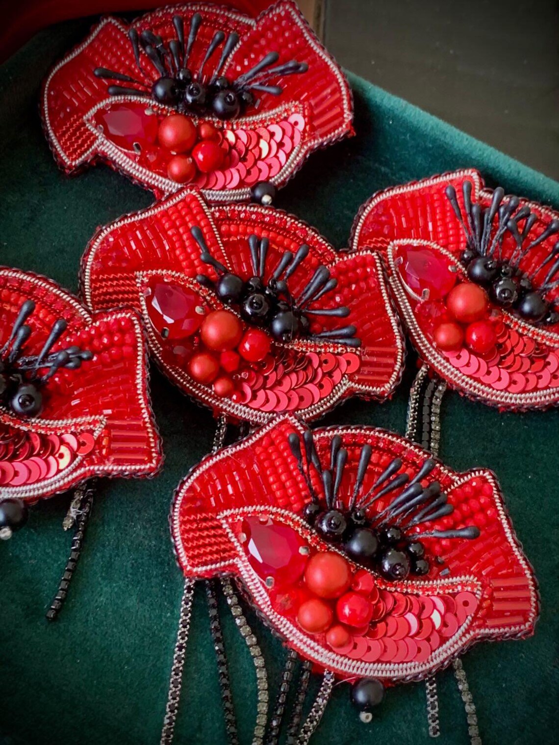 Handmade Red Poppy Flower Brooch With Beads and Sequins, Memorial Gift ...