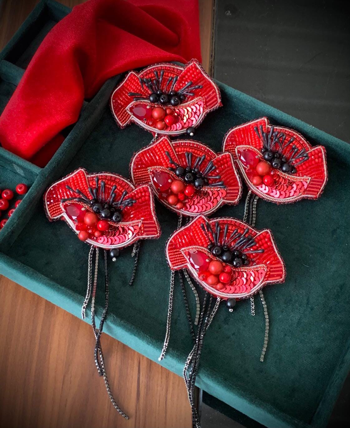 Handmade Red Poppy Flower Brooch With Beads and Sequins, Memorial Gift ...