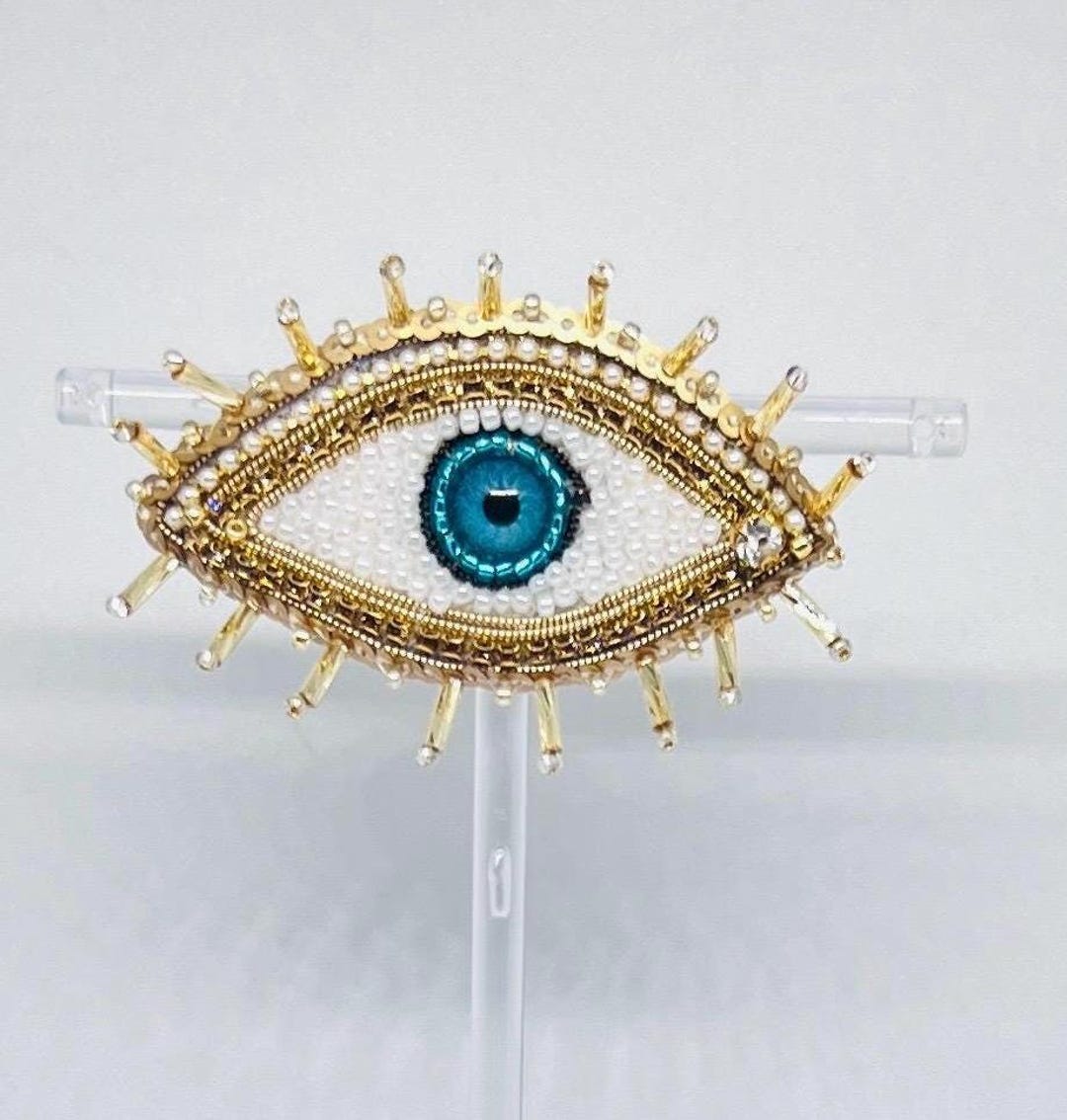 Handmade Evil Eye Brooch: Beaded Gold & Blue Protection Pin - Etsy