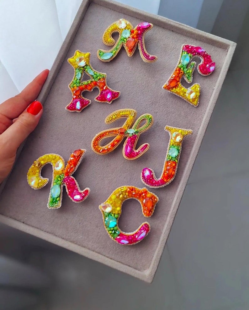 Handmade Beaded Initial Brooch - Colorful Crystal Letter Pin - Etsy