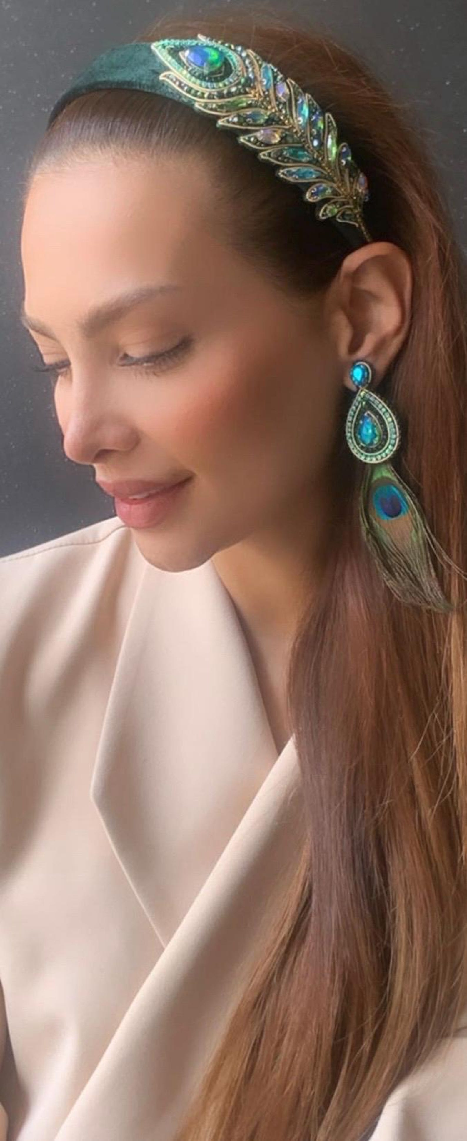 Peacock Feather Inspired Headband and Earrings Set Handmade Statement ...