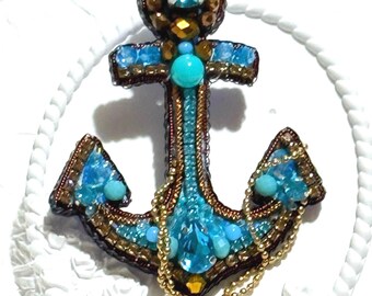 1980s Anchor Brooch Gold & Navy | Vintage Nautical Crest Pin | Maritime ...