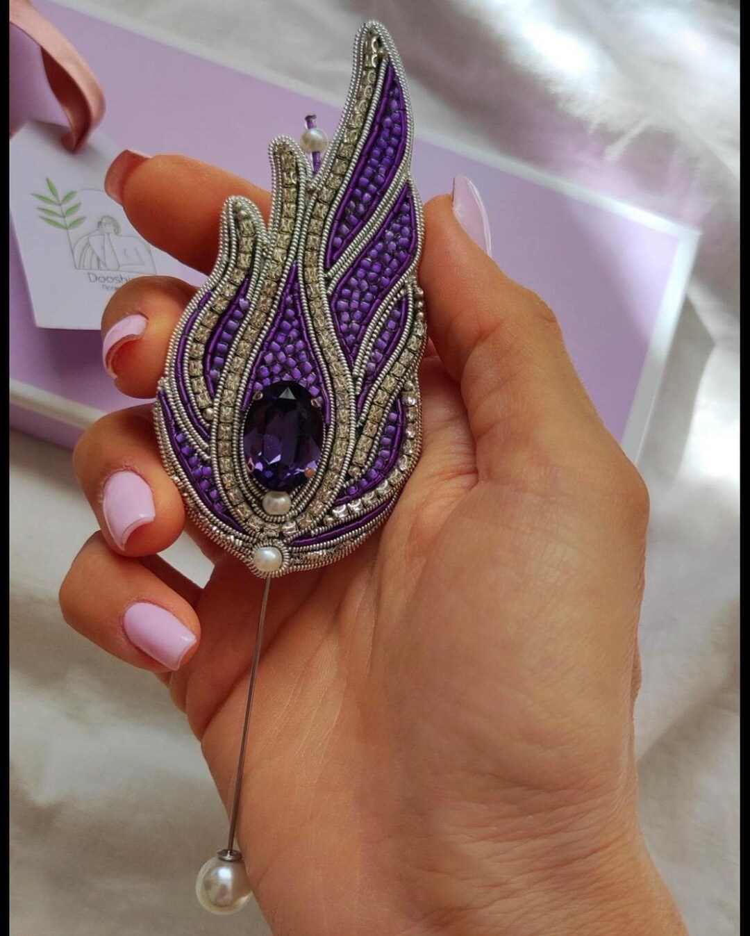 Handmade Purple Lotus Pin, Elegant Beaded Brooch With Crystals ...