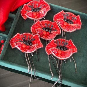 Handmade Red Poppy Flower Brooch With Beads and Sequins, Memorial Gift ...