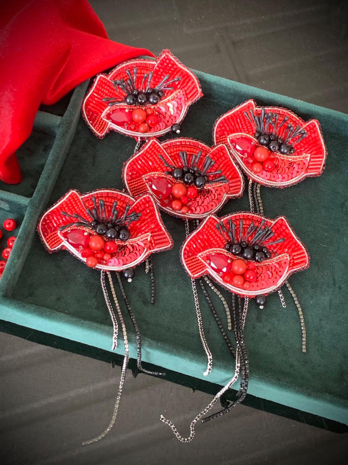 Handmade Red Poppy Flower Brooch With Beads and Sequins, Memorial Gift ...