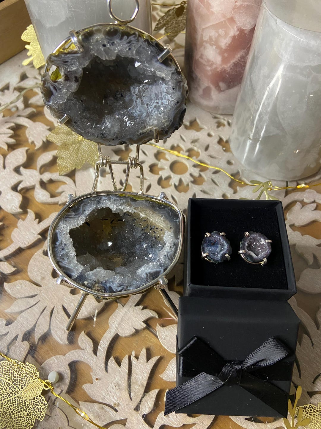 Agate Crystal Ring Box With Matching Geode Earrings – Unique Wedding ...