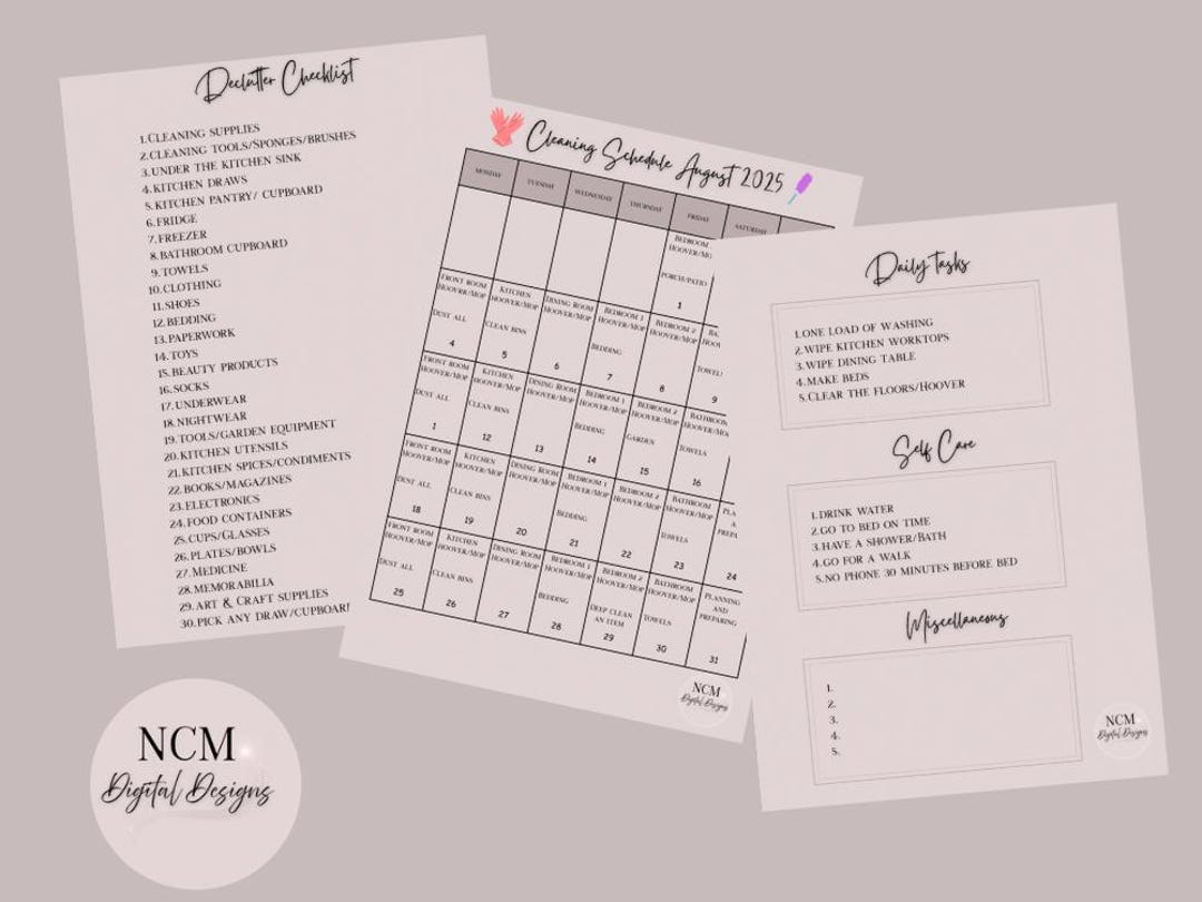 Cleaning Schedule August 2025, Declutter List - Daily Tasks/self Care ...