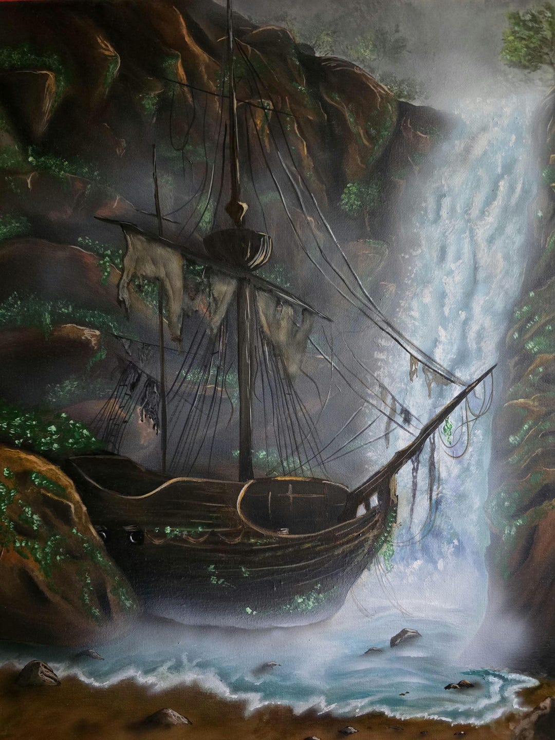 A3 Pirate Cove Art Print – Fantasy Ship & Waterfall Scene – Dark ...