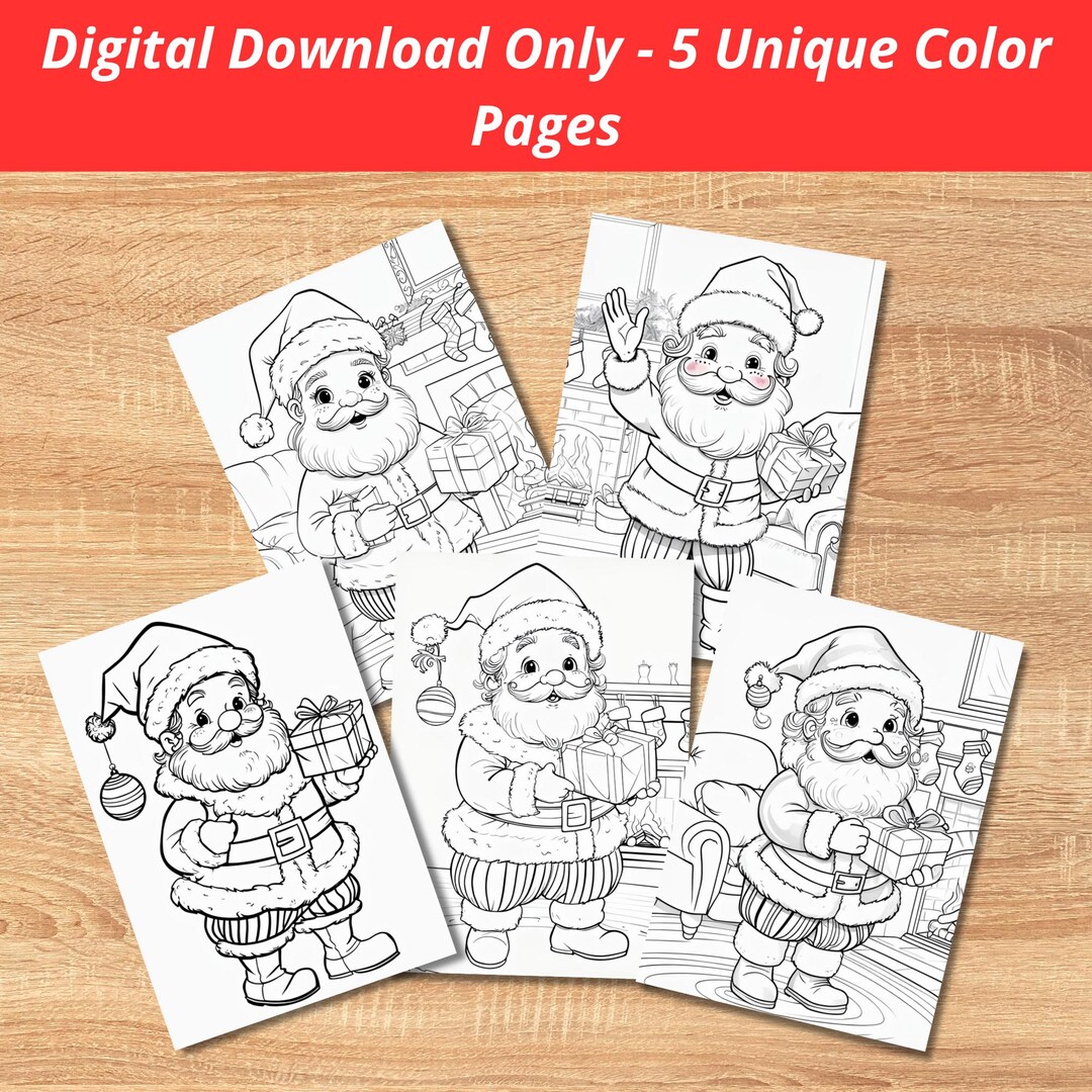 Santa Delivering Presents Coloring Pages - Set of 5 Printable Christmas ...