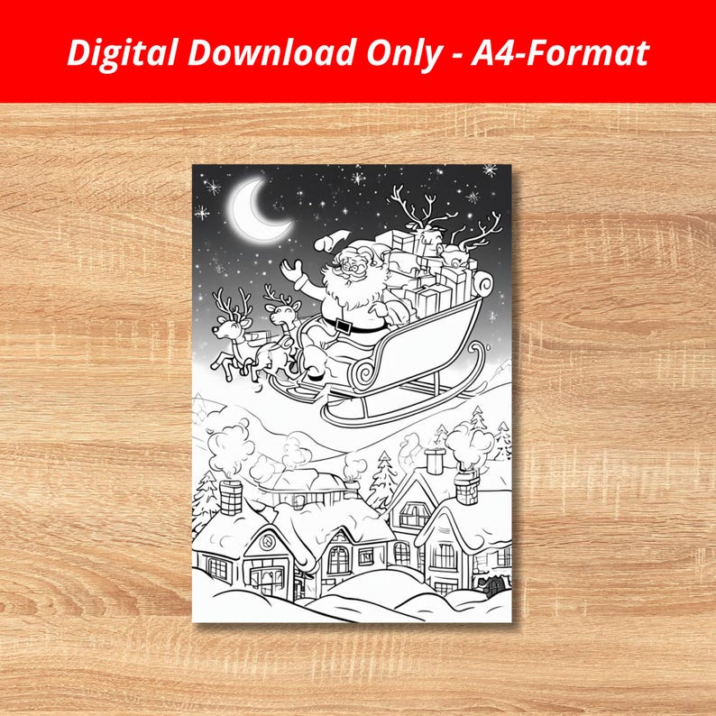 Printable Christmas Coloring Pages Set of 5 Santas Sleigh Ride Festive ...