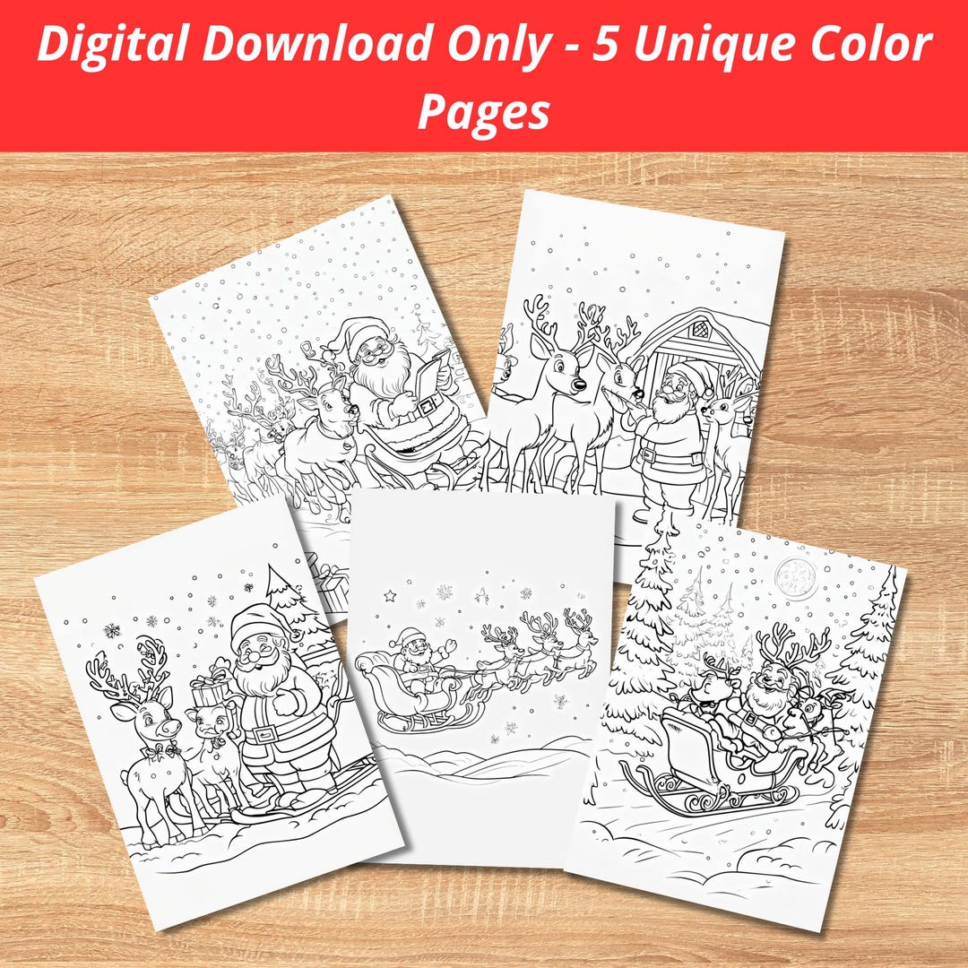 Santa Claus and His Reindeer Coloring Pages Set of 5 Printable ...