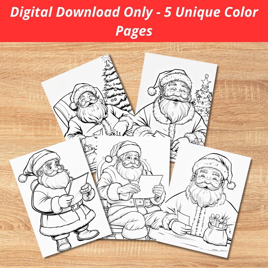 Santa Reading Letters Coloring Pages - Set of 5 Printable Christmas ...