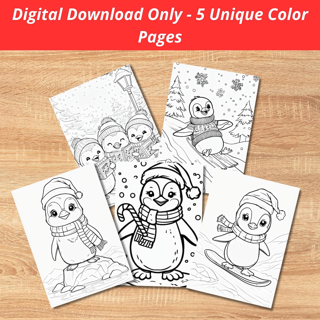 Festive Penguin Coloring Pages - Set of 5 Printable Christmas Holiday ...