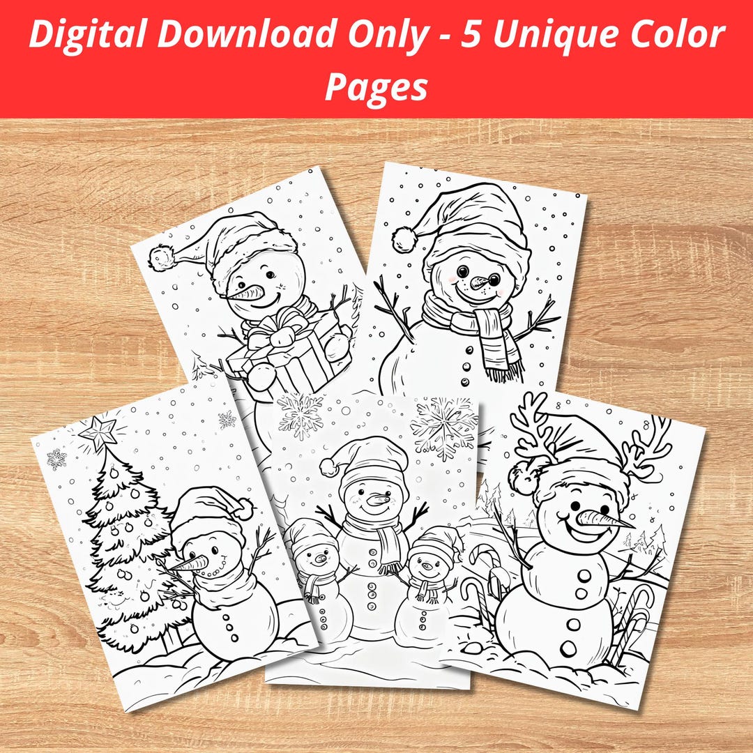 Printable Christmas Coloring Pages Set of 5 Snowman With Santa Hat ...