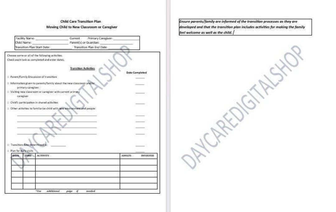 Child Day Care Center Transition Planning Form - Etsy