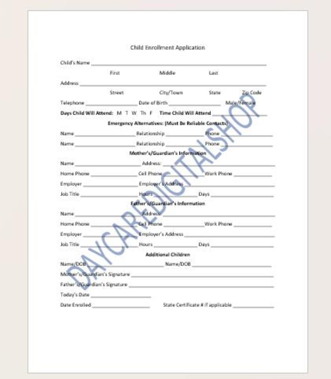 Child Day Care Center Child Enrollment Application Form - Etsy
