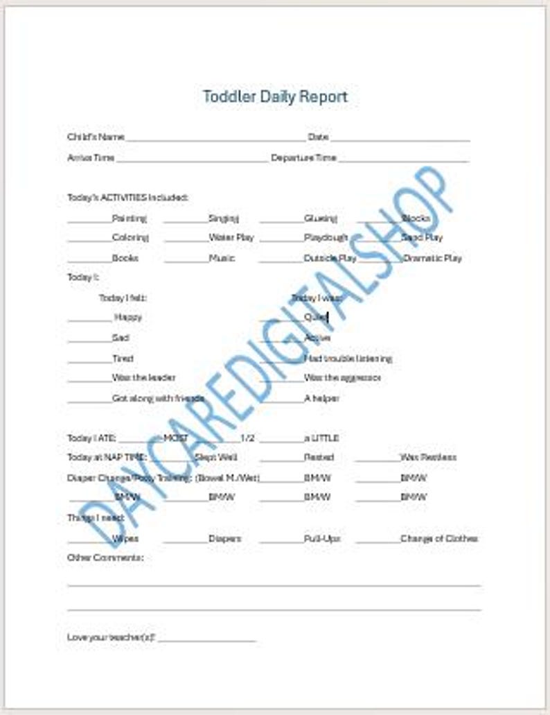 Toddler Daily Report for Child Day Care Center - Etsy