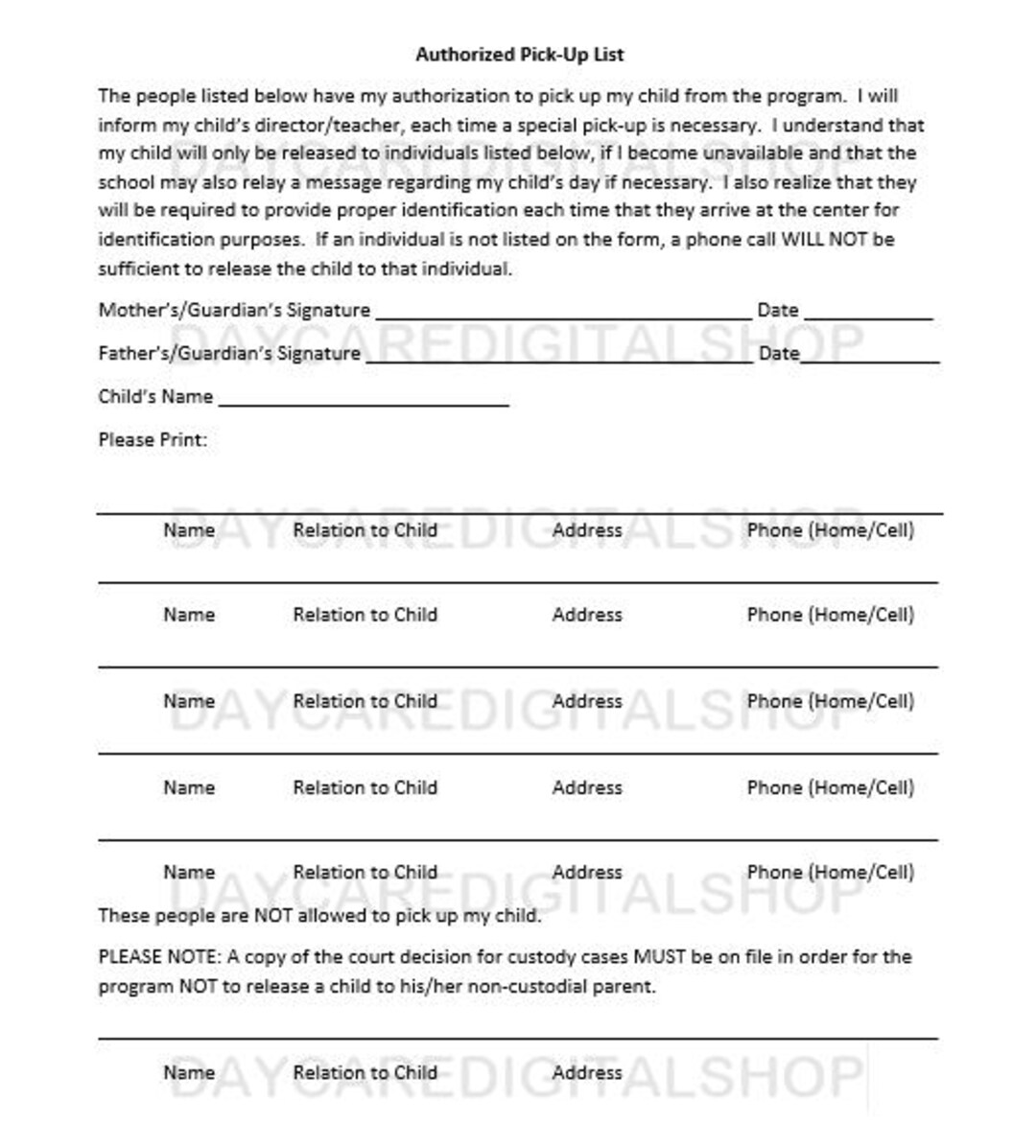 Child Day Care Forms Child Authorization Pick up List - Etsy
