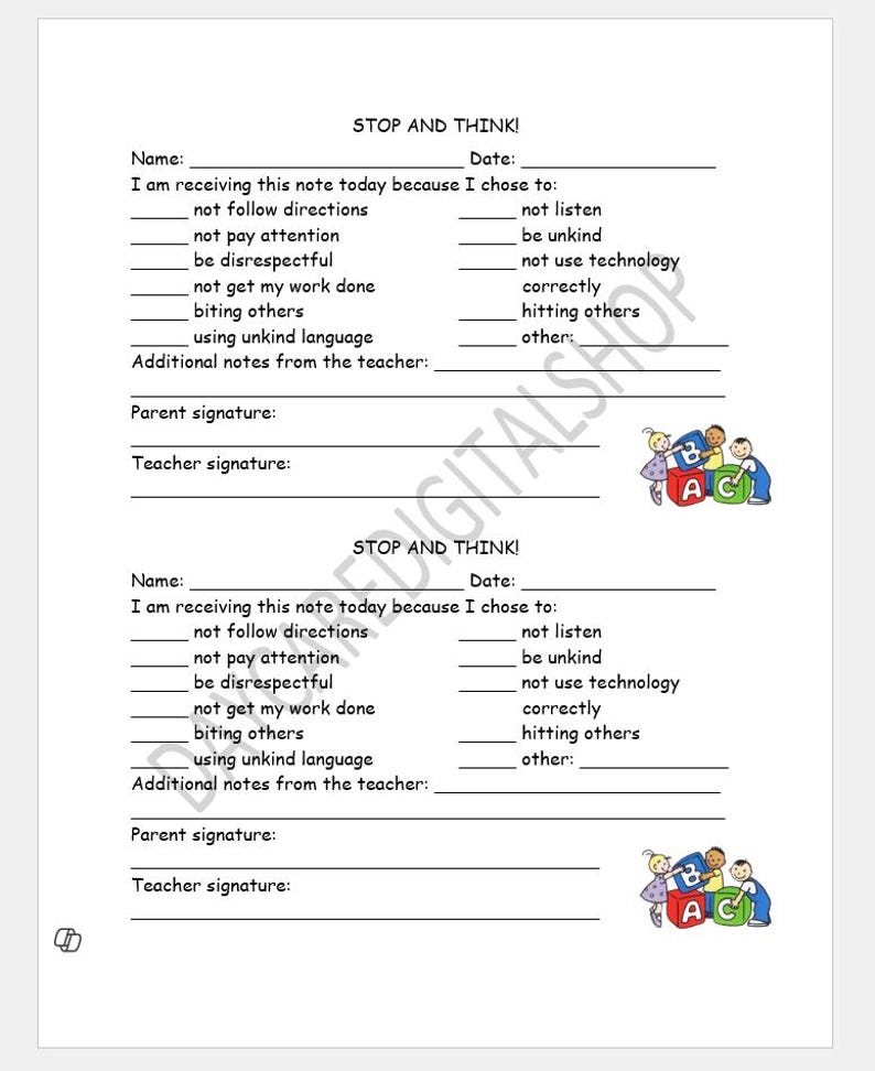 Child Care Forms Stop and Think Behavior Form - Etsy