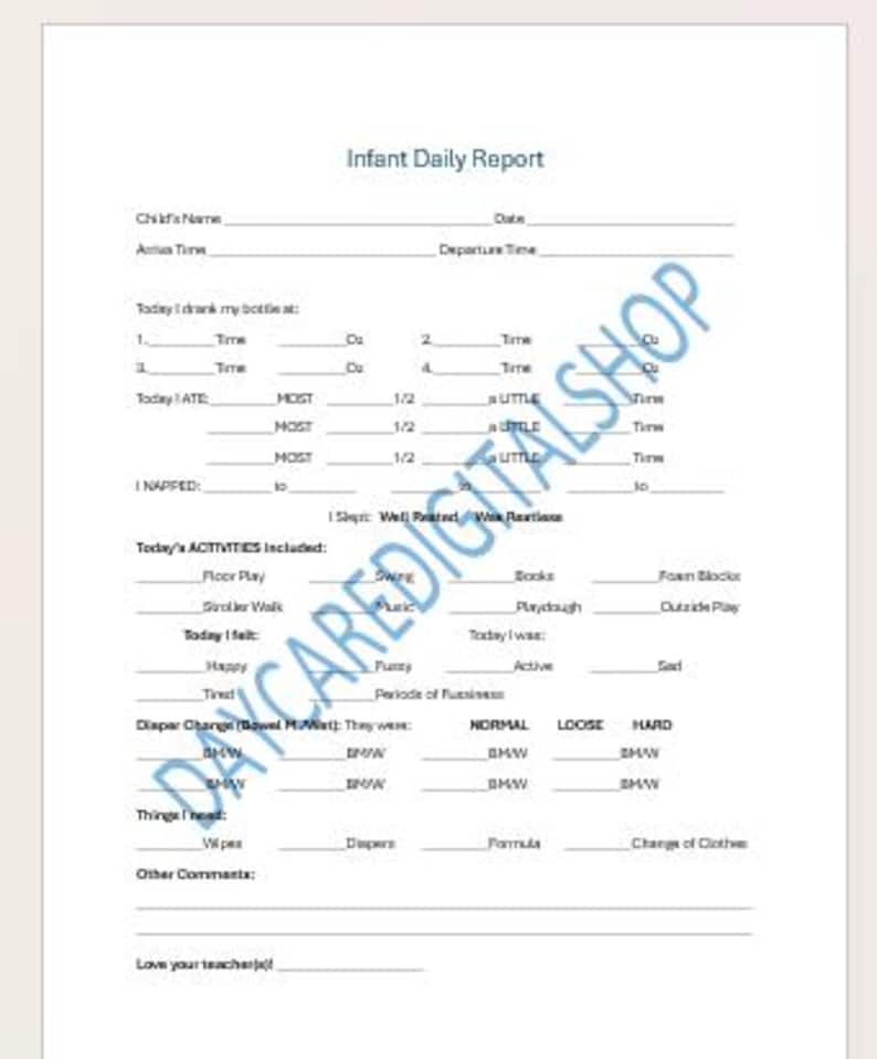 Infant Daily Report Child Day Care Center Form - Etsy