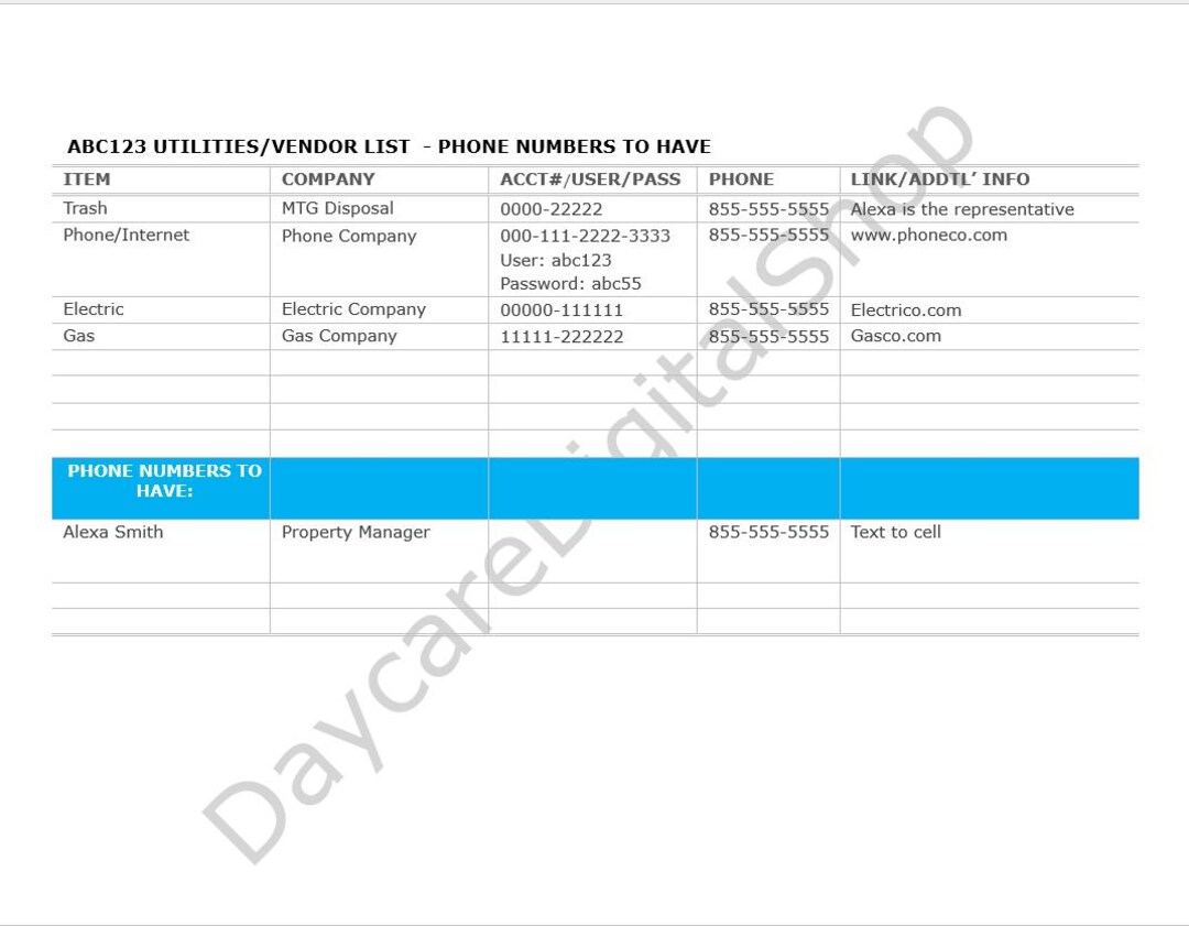 Child Care Vendor Utilities List Form - Etsy
