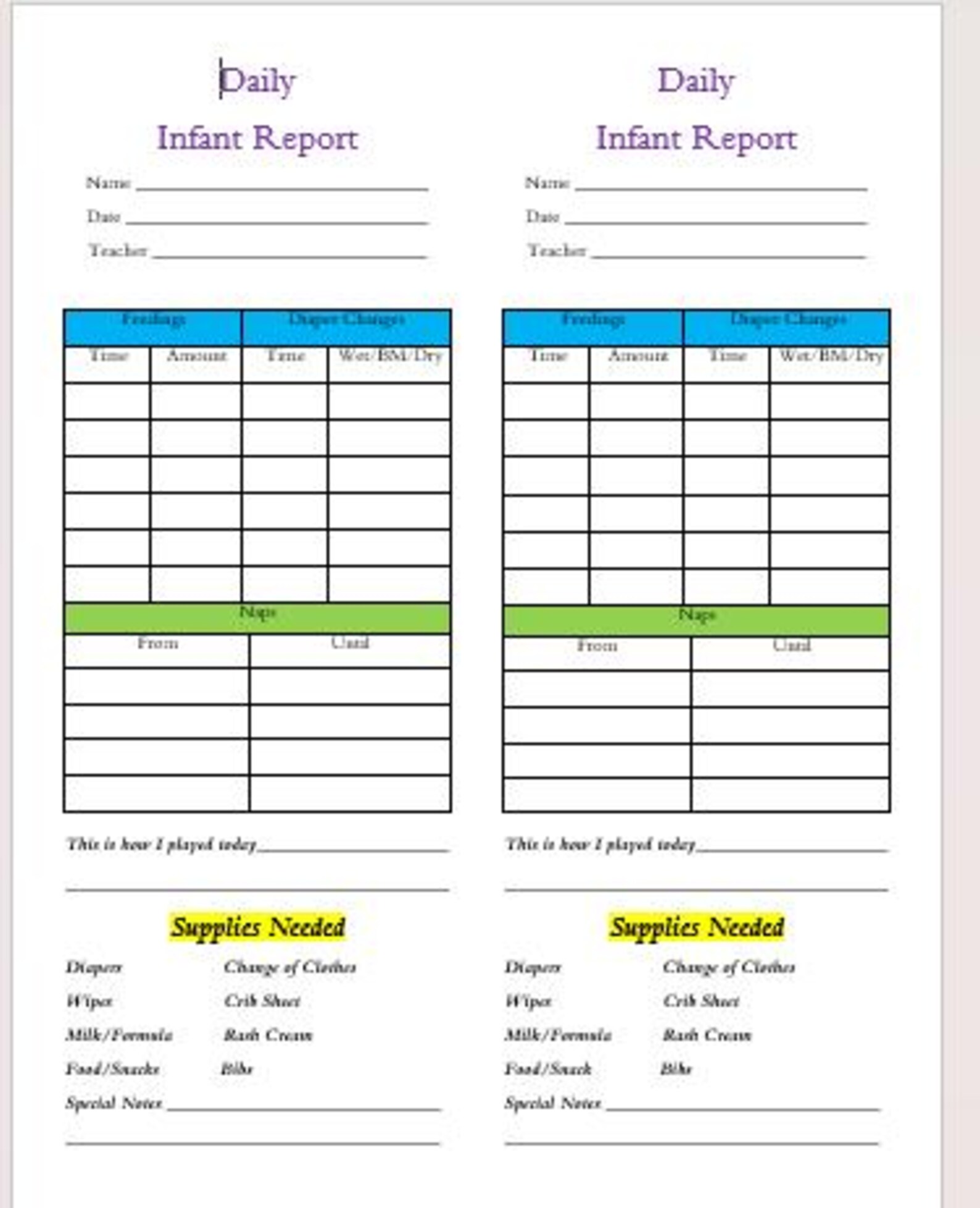 Child Day Care Center Infant Daily Report Form - Etsy