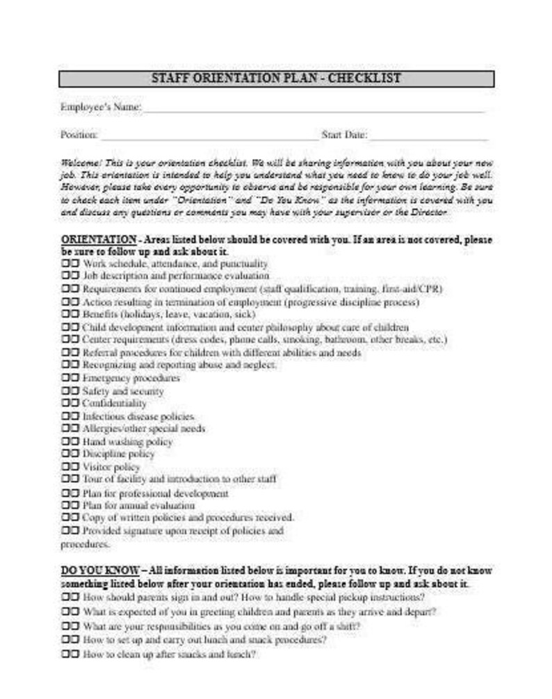 Child Day Care Center Forms Staff Orientation Checklist - Etsy
