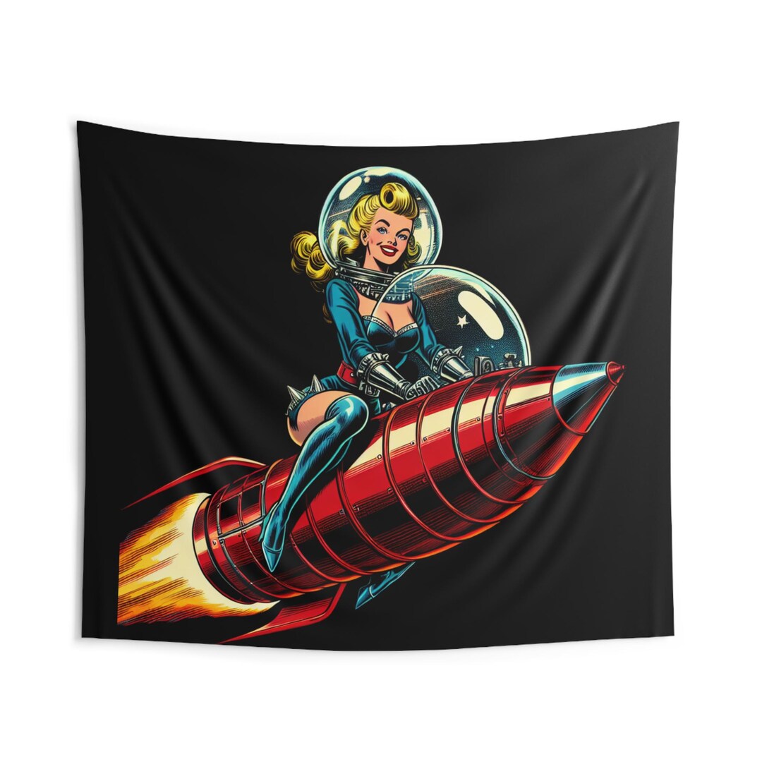Retro Rocket Girl Wall Tapestry, Space Decor, Sci-fi Art, Bedroom ...