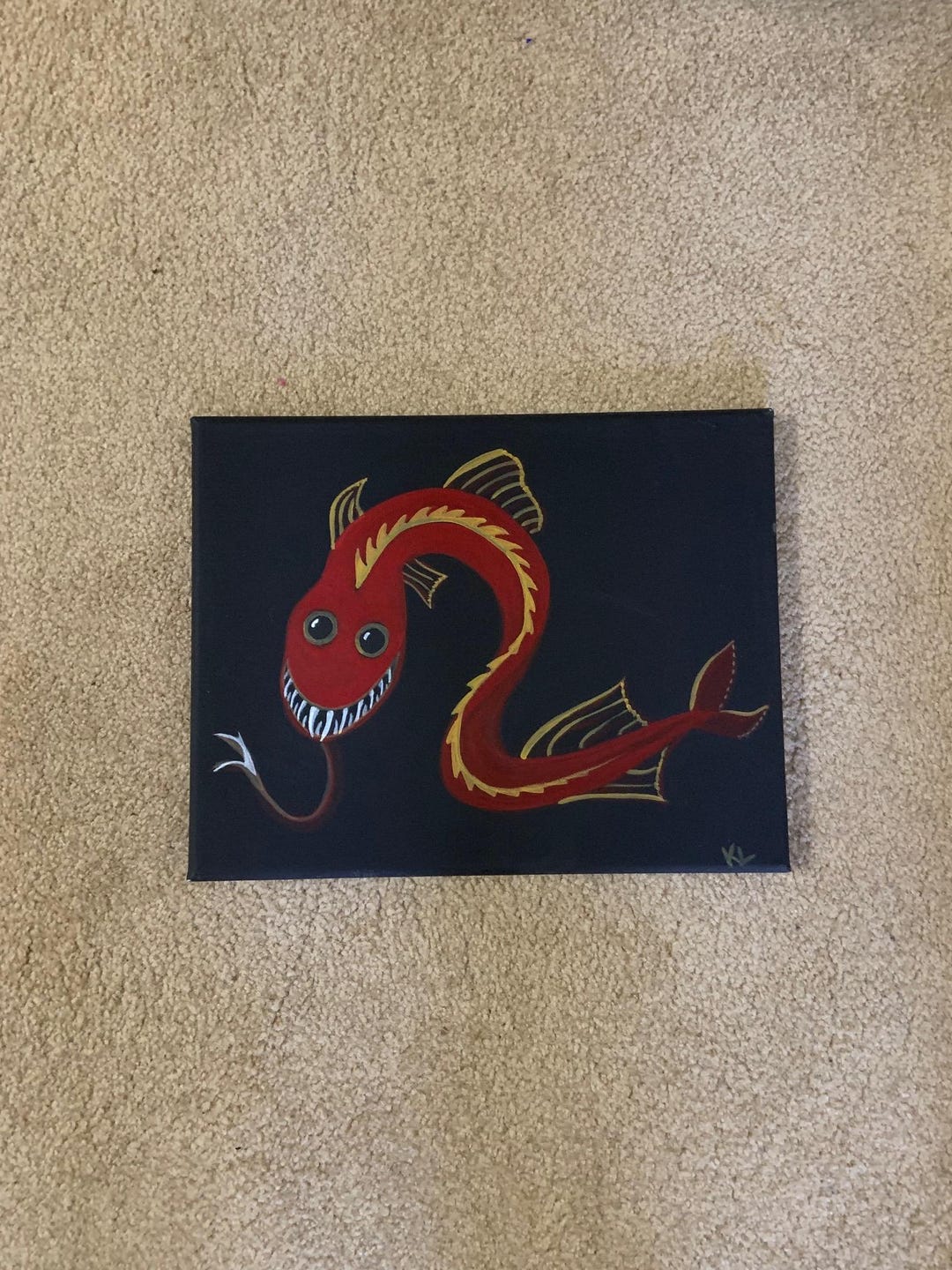 Dragon Fish Painting - Acrylic on Black Canvas 11x14 - Etsy