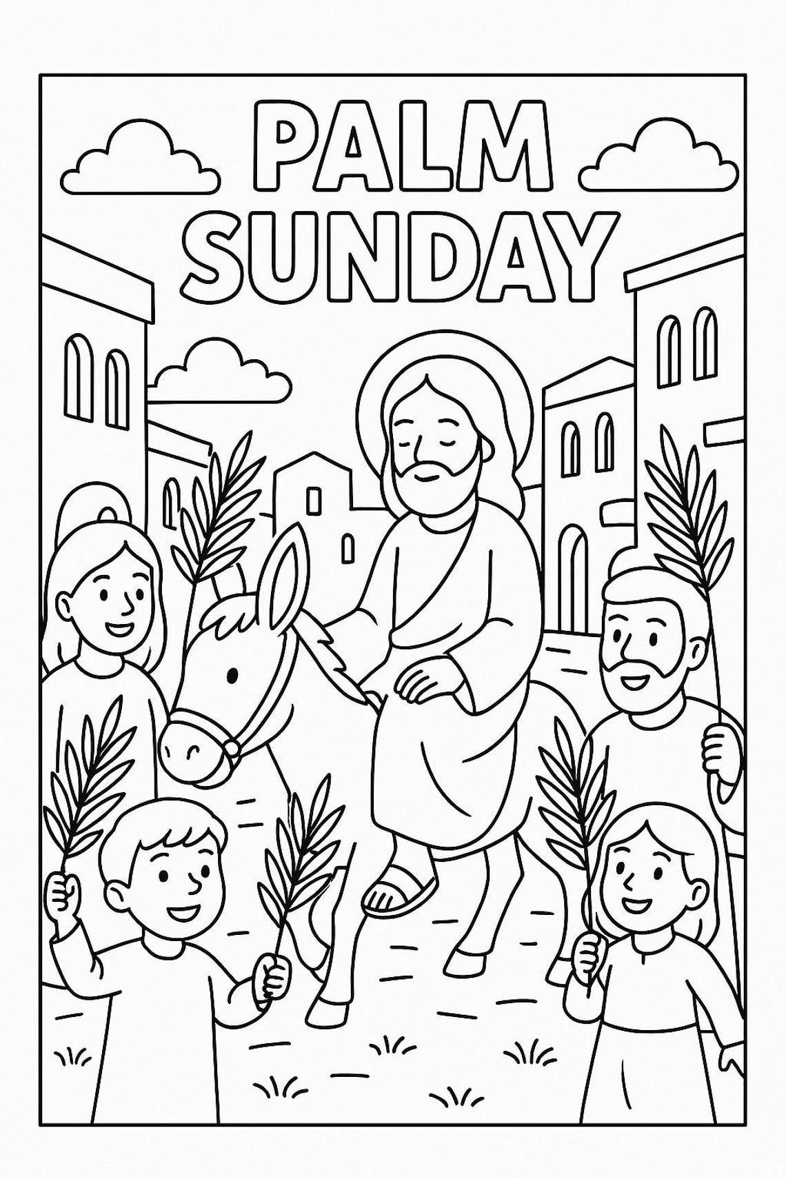 Palm Sunday Coloring Page – Jesus Enters Jerusalem Christian Easter ...