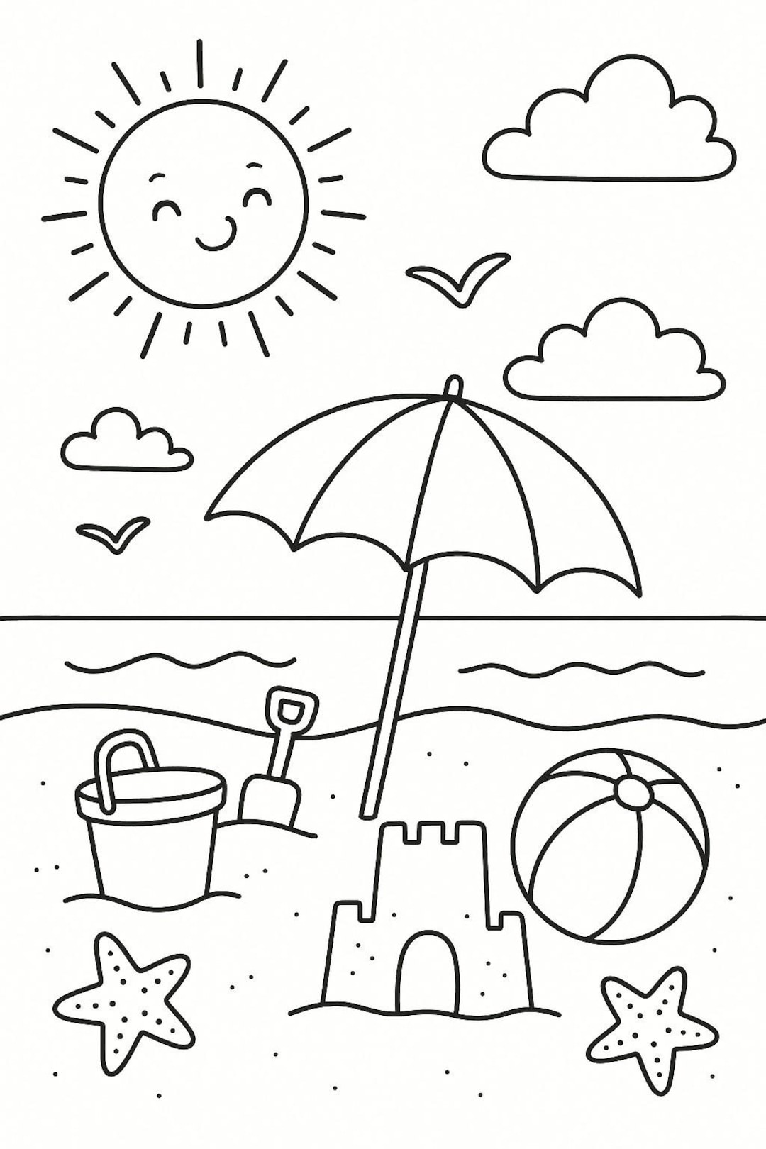 Summer Coloring Page for Kids – Printable Beach Scene With Sandcastle ...