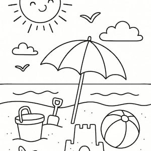 Summer Coloring Page for Kids – Printable Beach Scene With Sandcastle ...