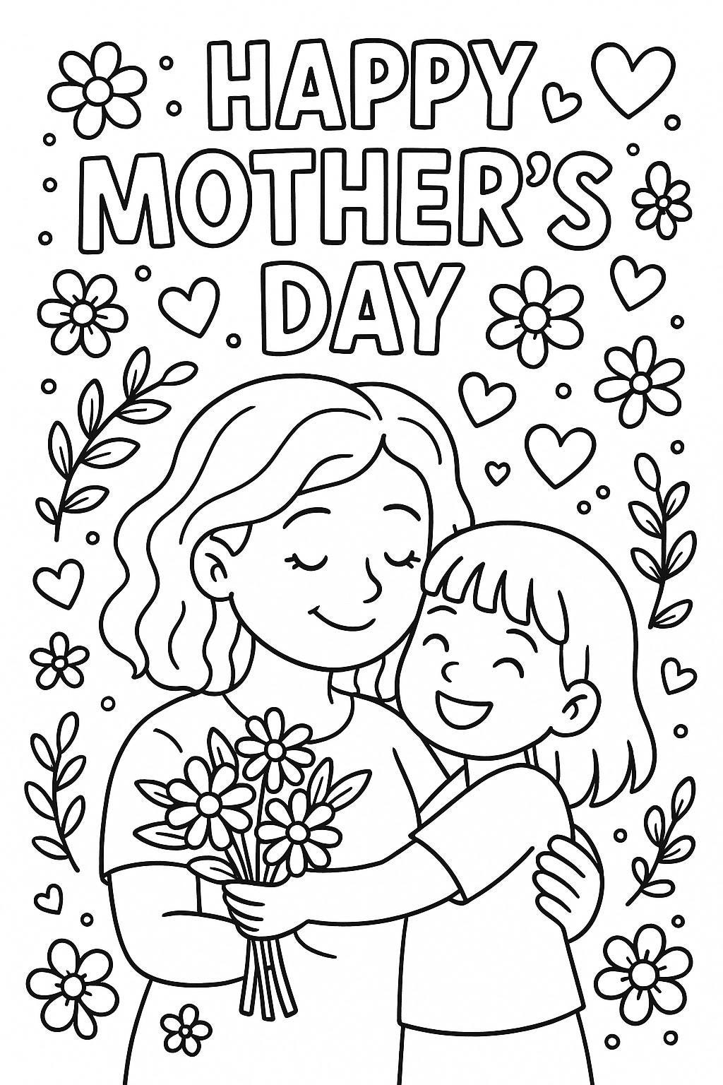 Mother’s Day Coloring Page for Kids – Cute Mom and Child Hug Scene With ...