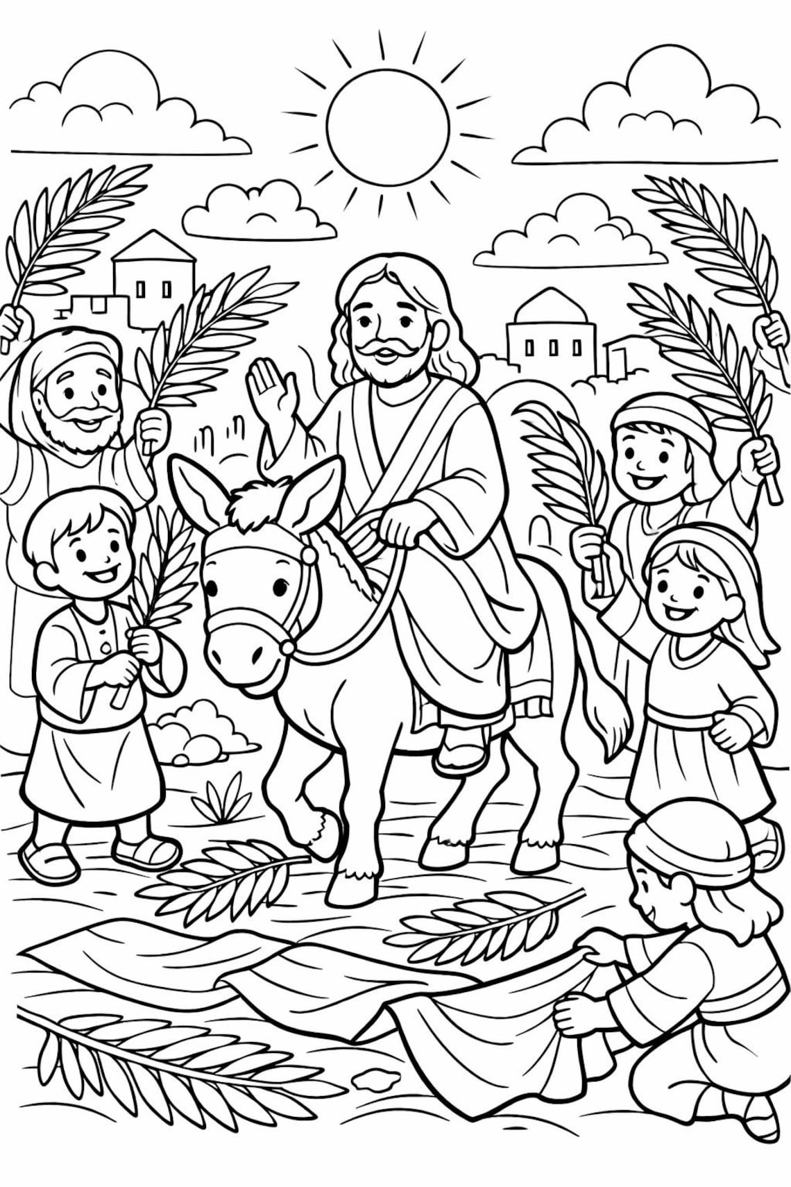 Palm Sunday Coloring Page – Jesus Enters Jerusalem Christian Easter ...
