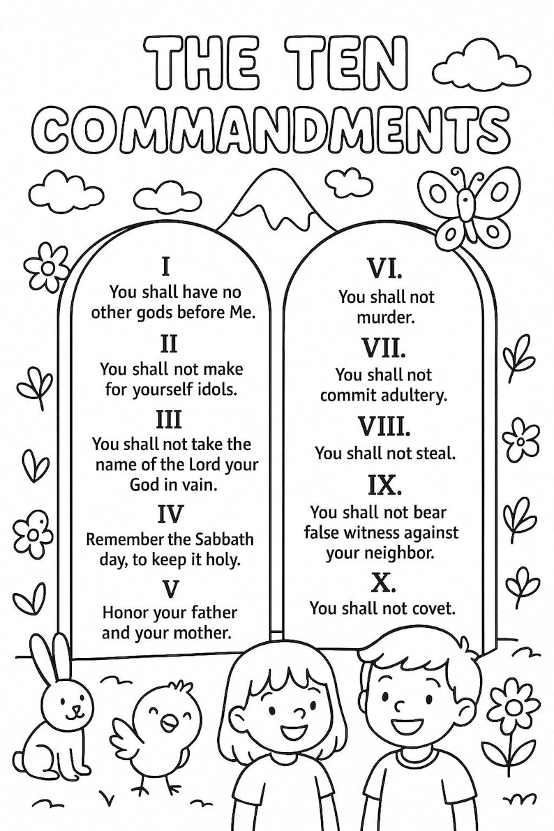 Ten Commandments Coloring Page – Christian Bible Printable for Kids, Sunday School Activity ...