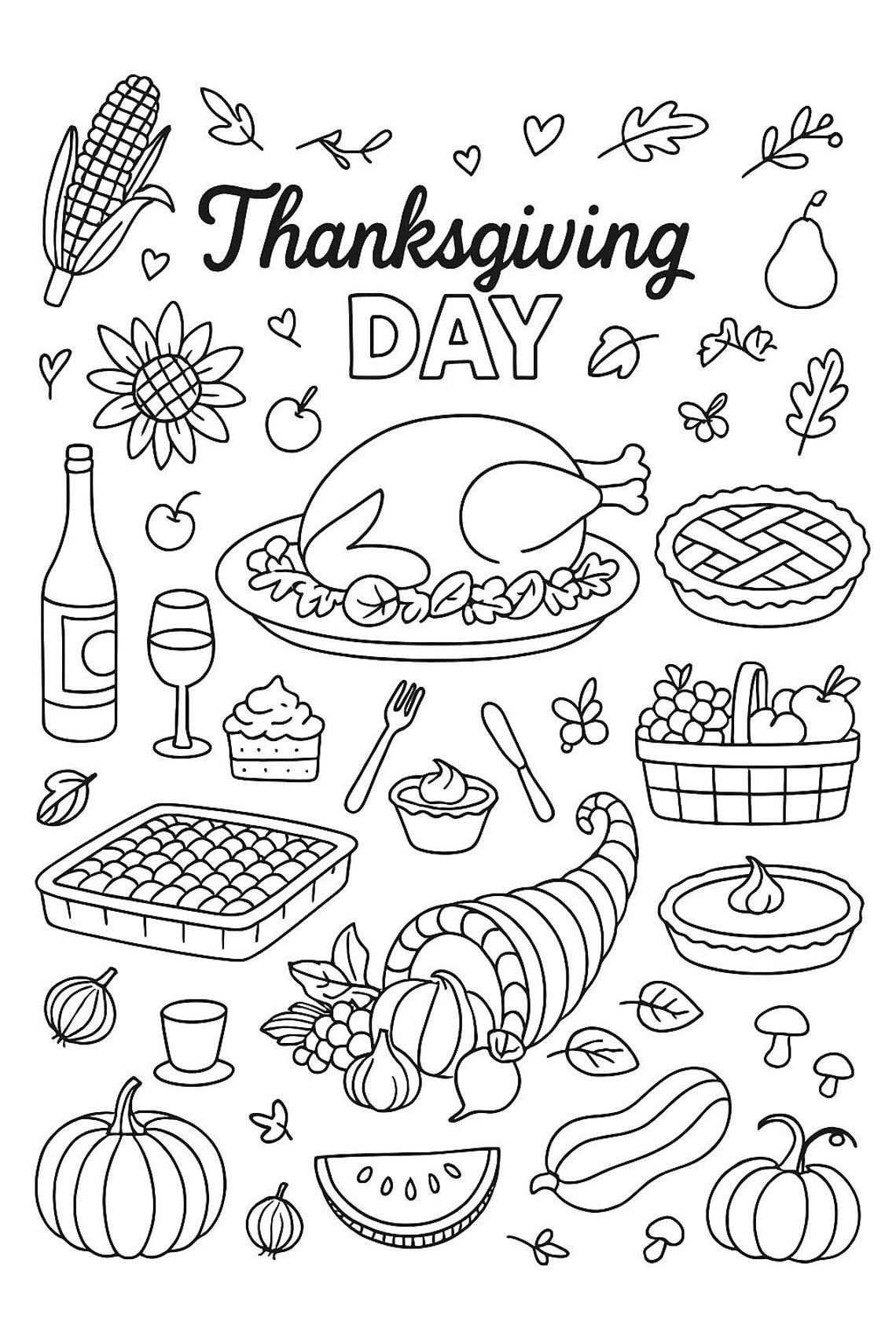 Thanksgiving Coloring Page for Kids Printable | Cute Turkey Cornucopia ...