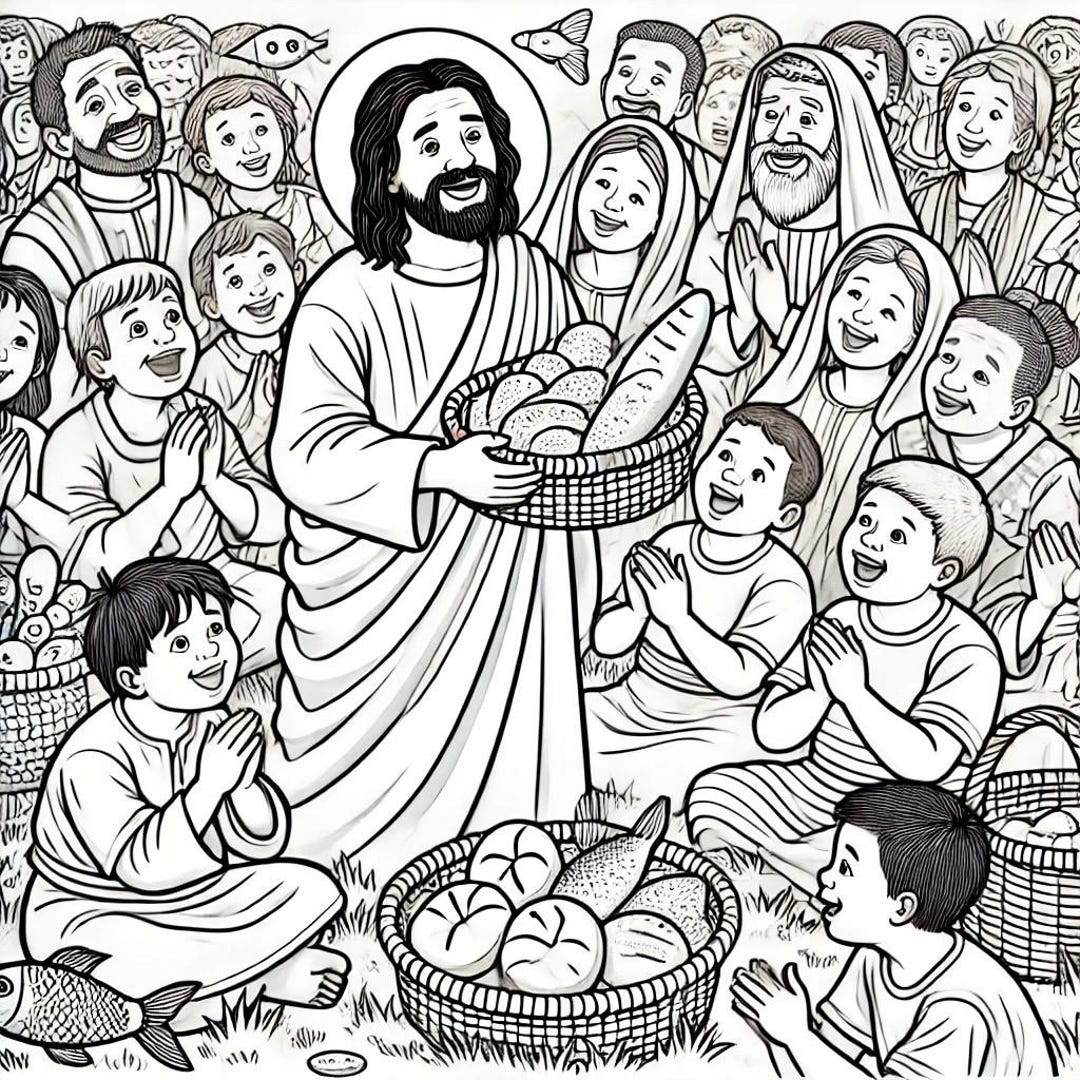 Jesus Feeds 5000 Kids Coloring Page: Sunday School Printable (instant ...