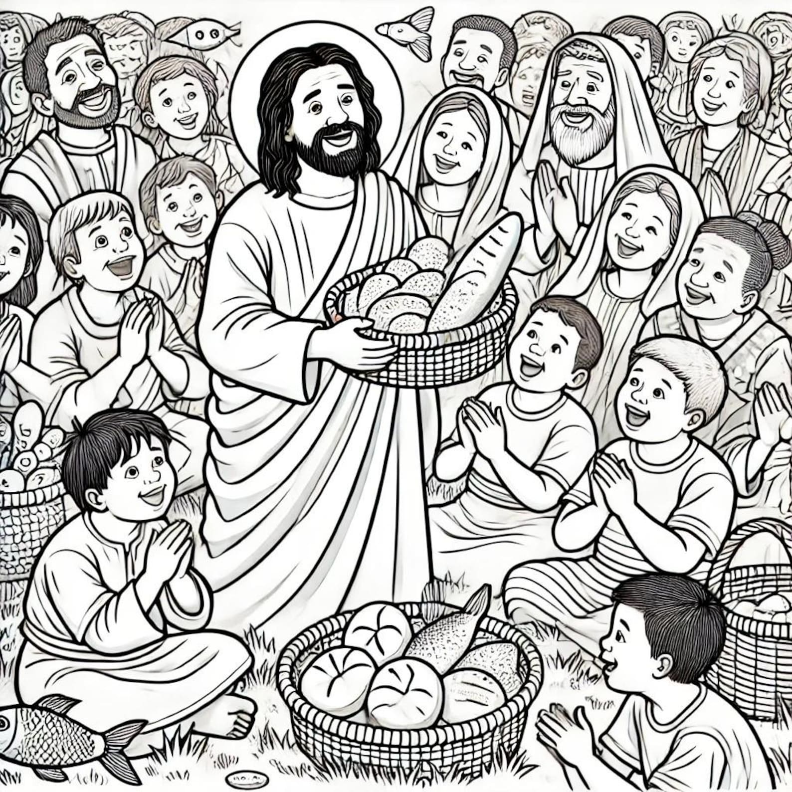 Jesus Feeds 5000 Kids Coloring Page: Sunday School Printable (instant ...