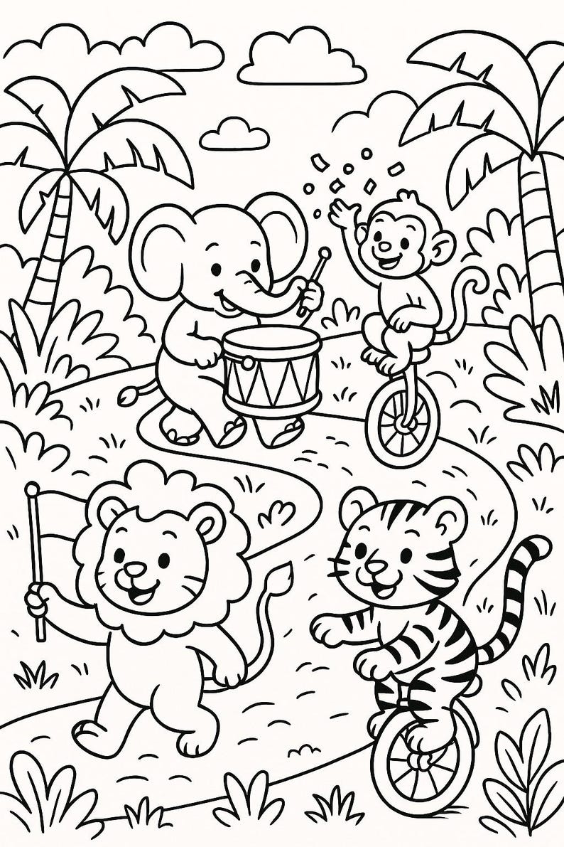 Jungle Animal Parade Coloring Page: Safari Adventure (printable) - Etsy