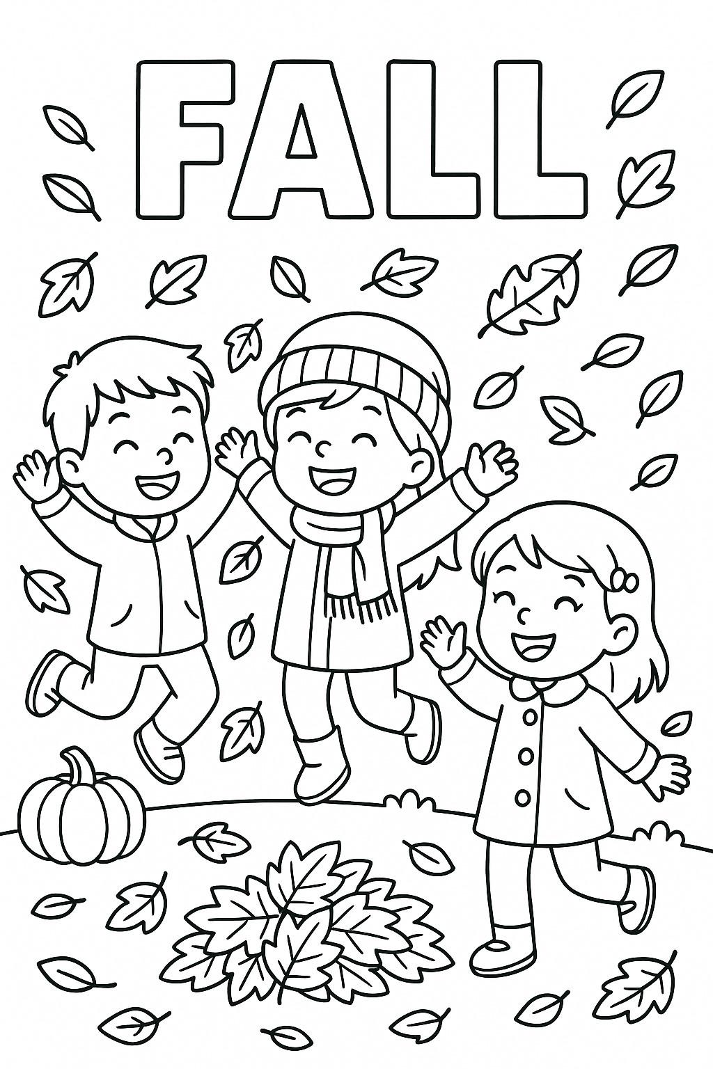 Fall Coloring Page for Kids – Autumn Leaves and Pumpkins Printable ...
