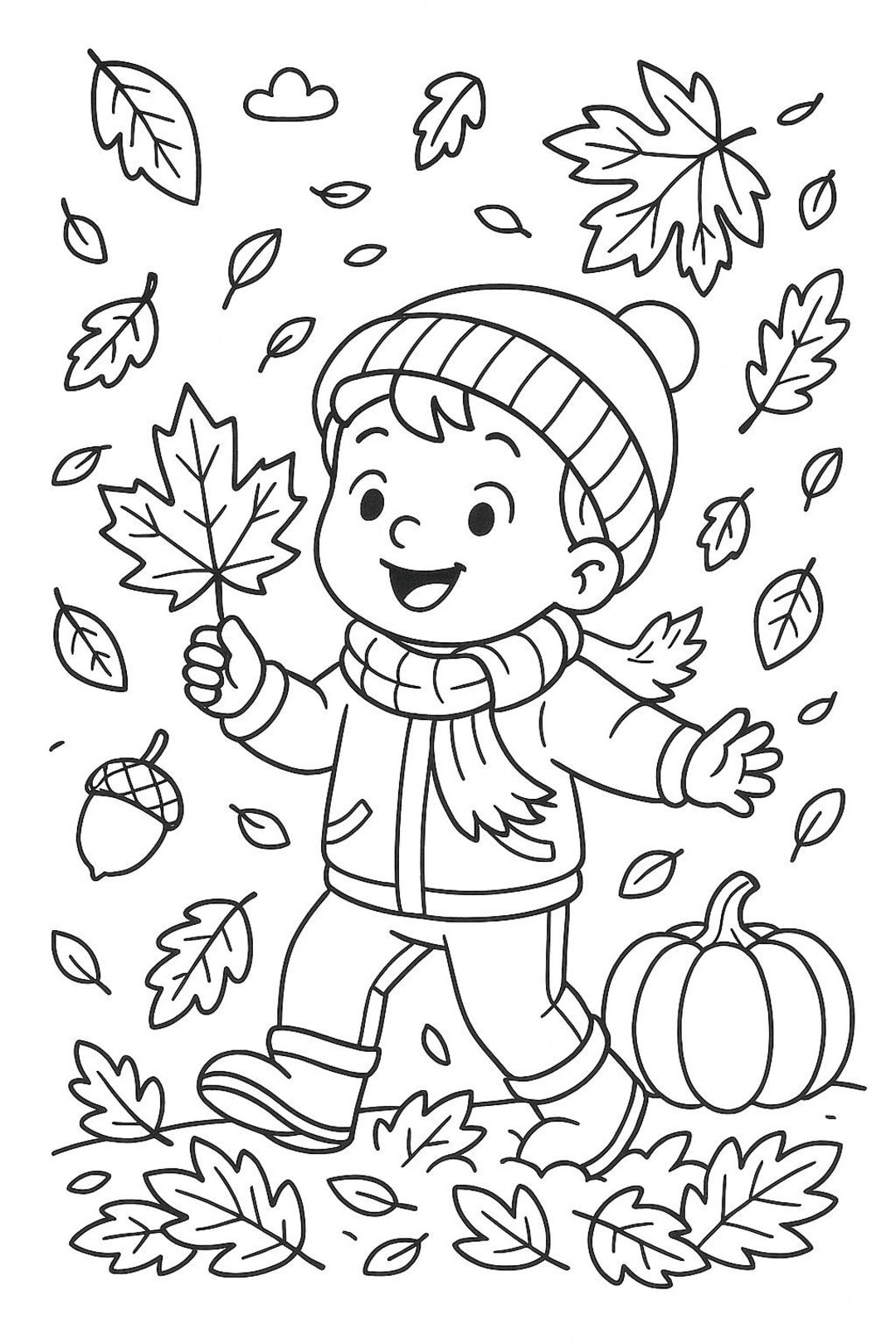 Fall Coloring Page for Kids | Autumn Leaves Pumpkin Acorn Printable ...