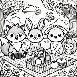 Woodland Animals Picnic Coloring Page: Fox, Bunny, Hedgehog (digital ...