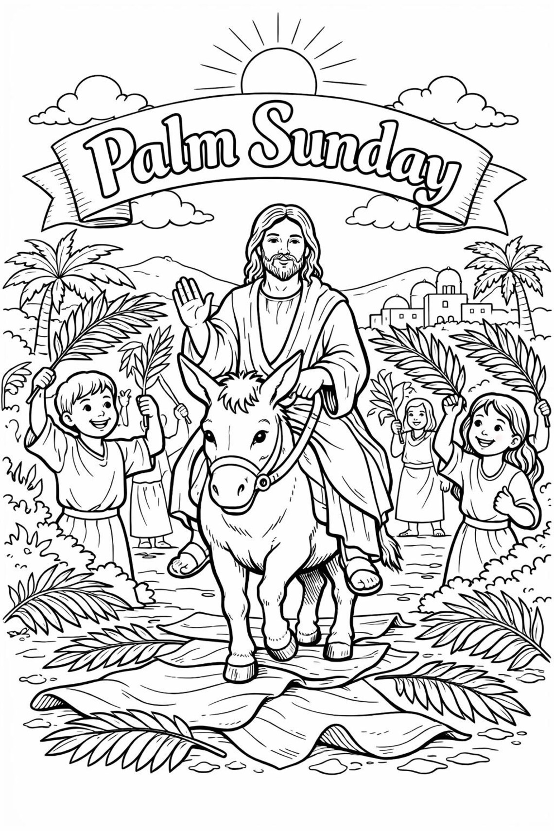 Palm Sunday Coloring Page for Kids, Christian Coloring Sheet, Jesus on ...