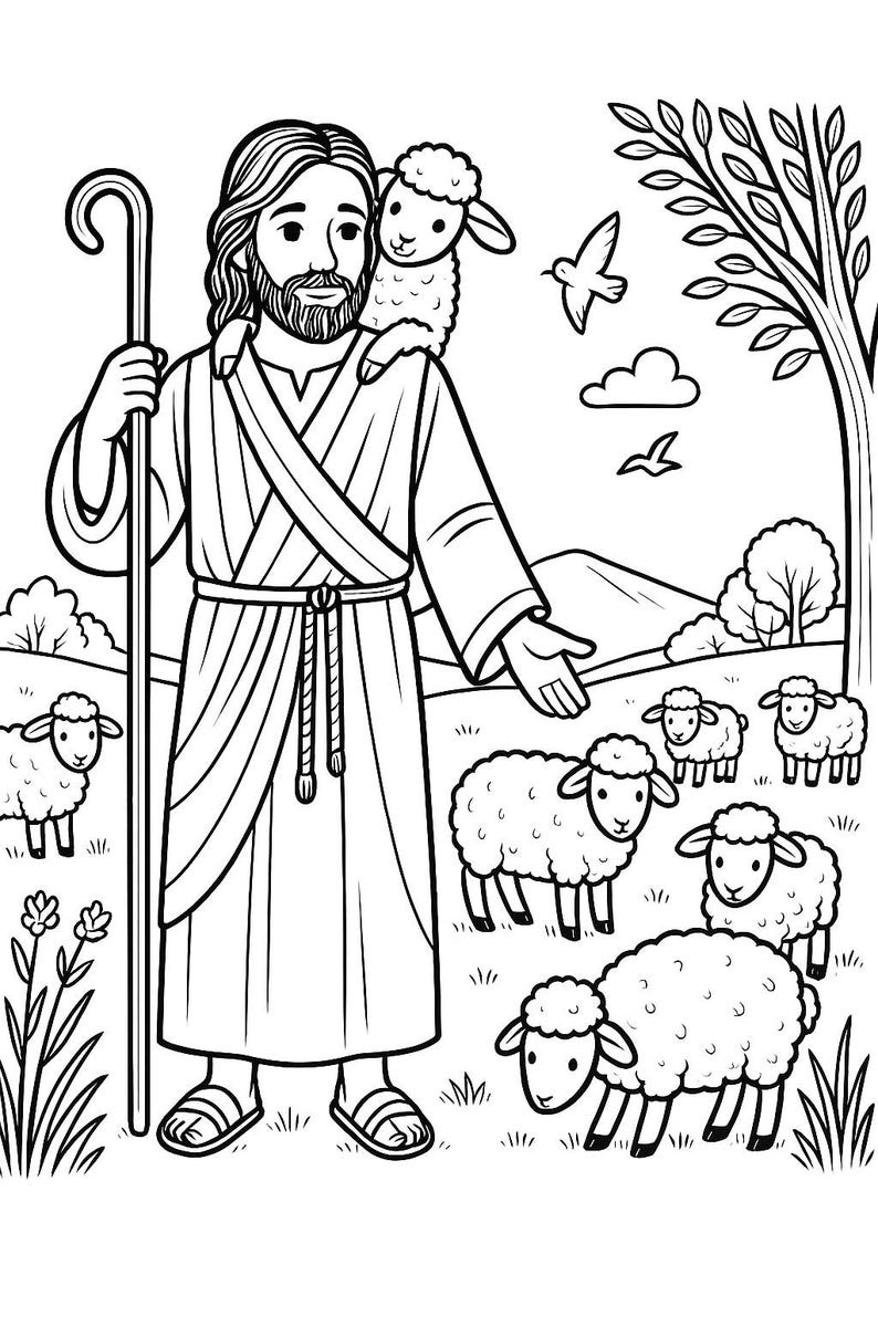 Good Shepherd Coloring Page – Jesus With Sheep Christian Bible ...
