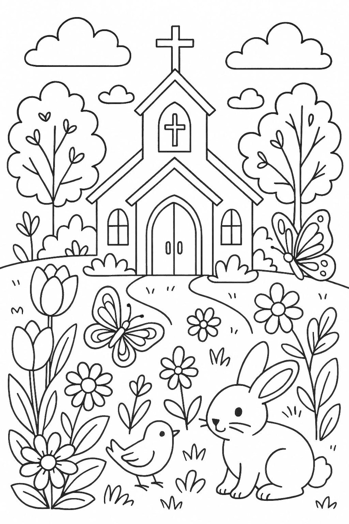 Spring Church Coloring Page: Sunday School Activity (PDF, JPG, PNG) - Etsy