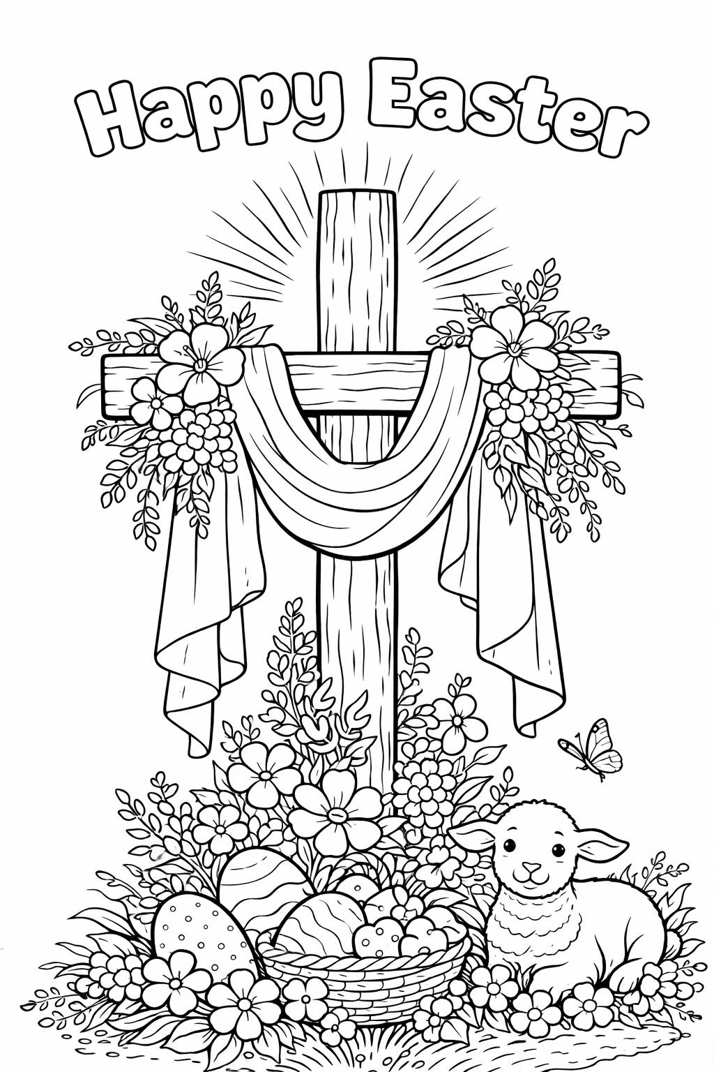 Happy Easter Cross Coloring Page for Kids | Christian Easter Printable ...