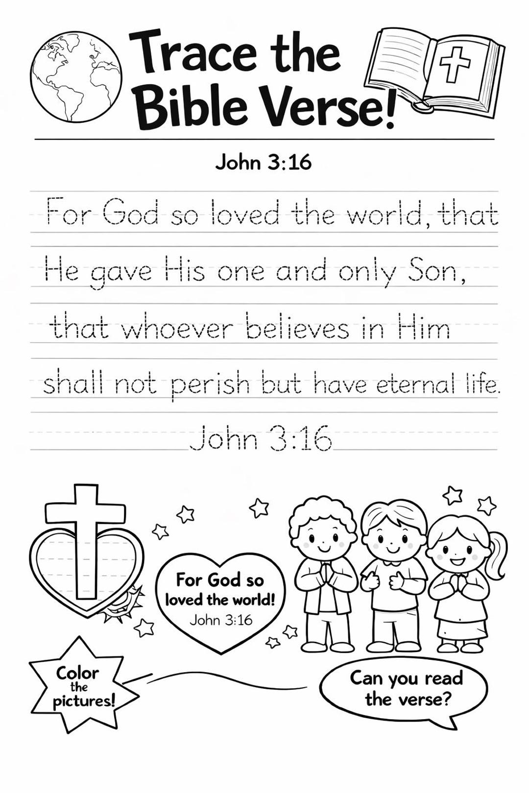 John 3:16 Tracing Worksheet for Kids | Bible Verse Handwriting Practice ...