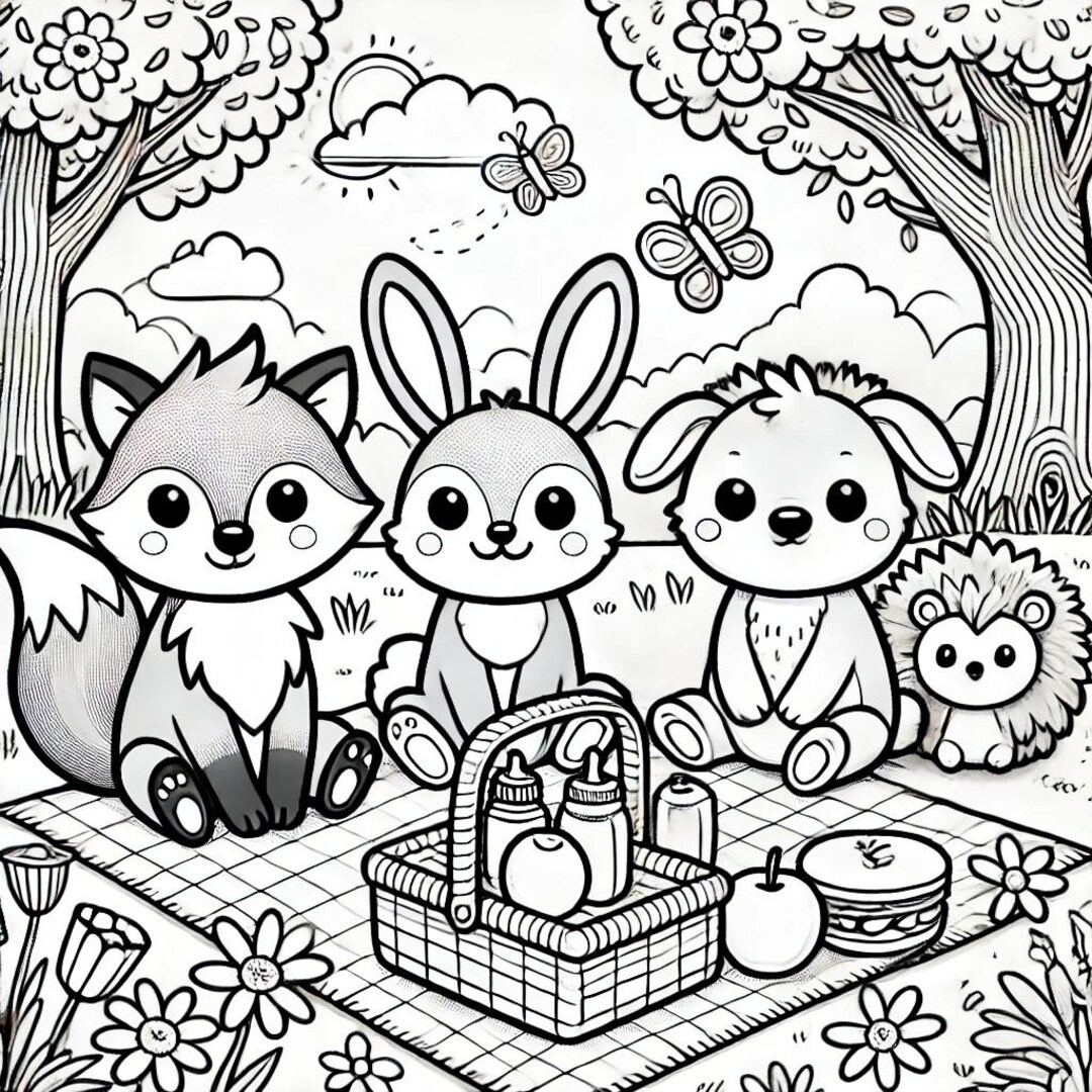 Woodland Animals Picnic Coloring Page: Fox, Bunny, Hedgehog (digital ...