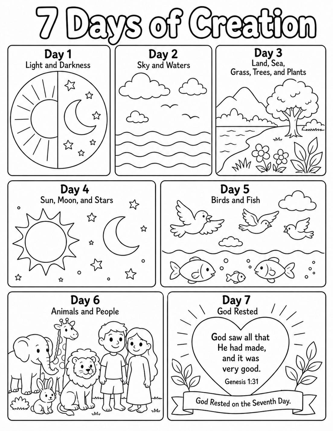 7 Days of Creation Coloring Page | Creation Story Bible Worksheet ...
