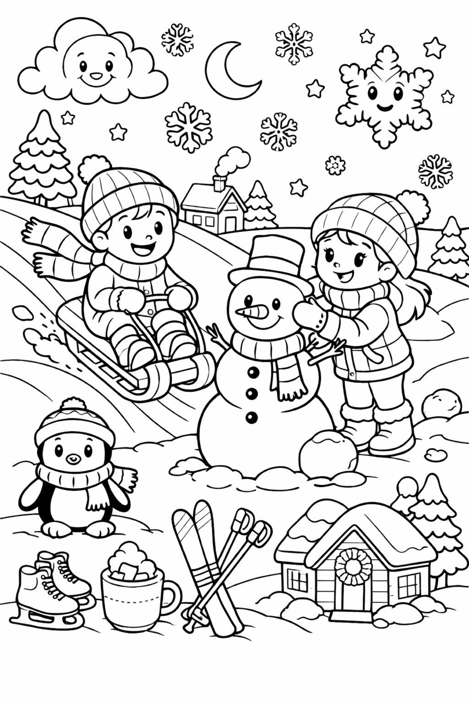 Winter Coloring Page for Kids | Cute Snowman and Snow Day Fun ...